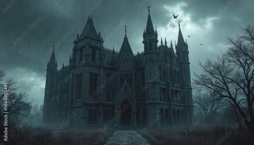 Gothic style abandoned building under stormy sky. Dark, monochrome ...