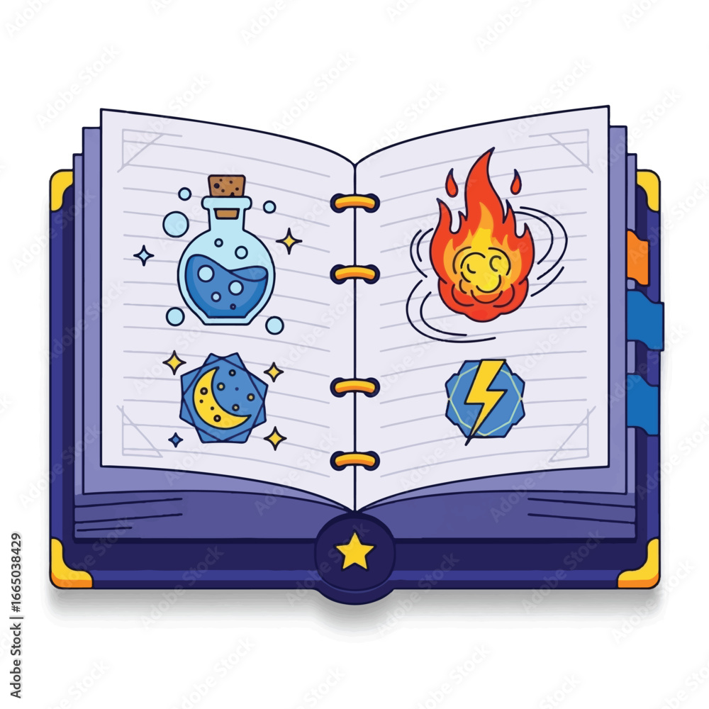 An open magical spellbook displaying various elemental and potion ...