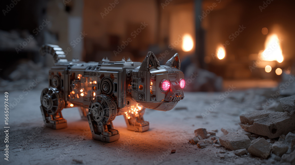 Stray cyborg cat hunting in abandoned destroyed town. Dystopian future ...