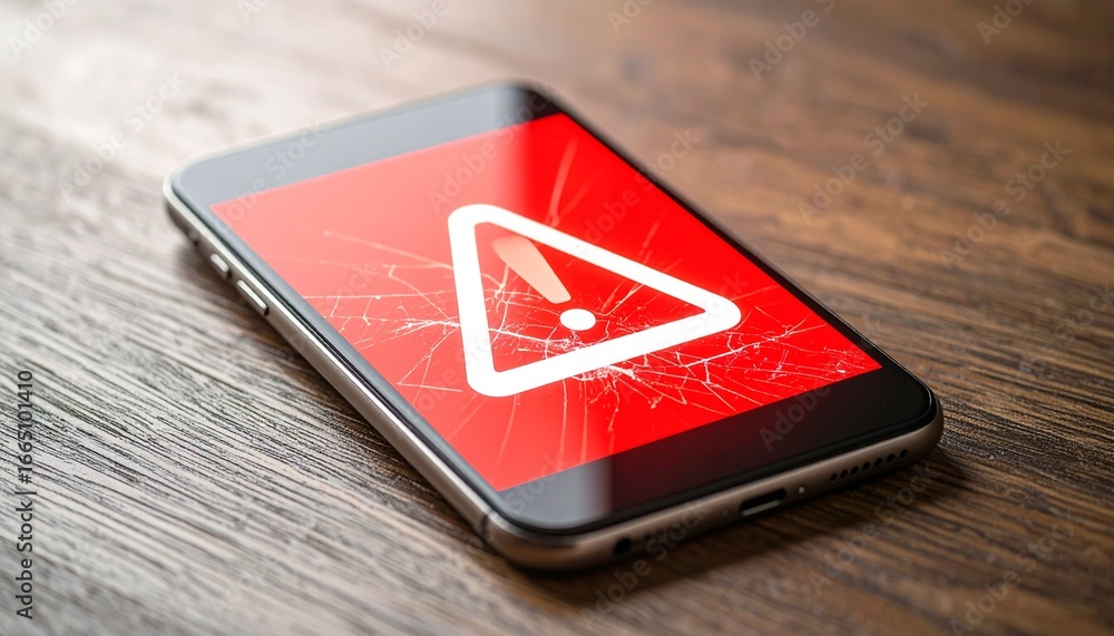 A damaged smartphone with a cracked screen displays a prominent red ...