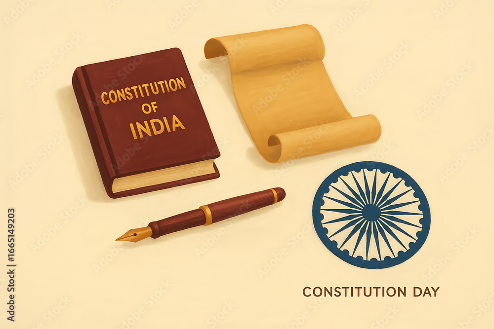 Illustration of constitution of india with law book, scroll, fountain ...