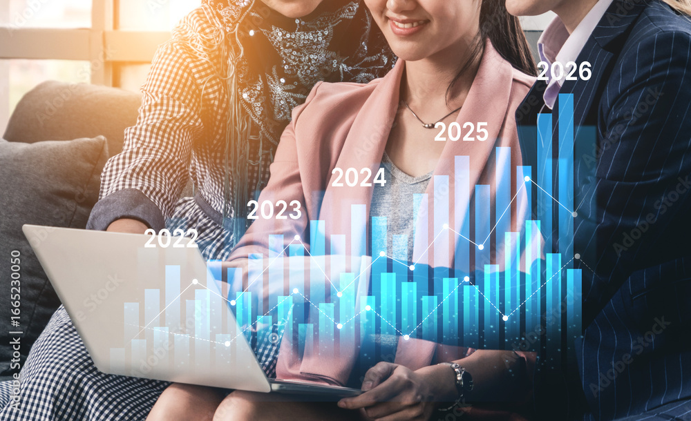 Photo Stock Business bar chart and line graph showing yearly business growth from 2022 to new ...