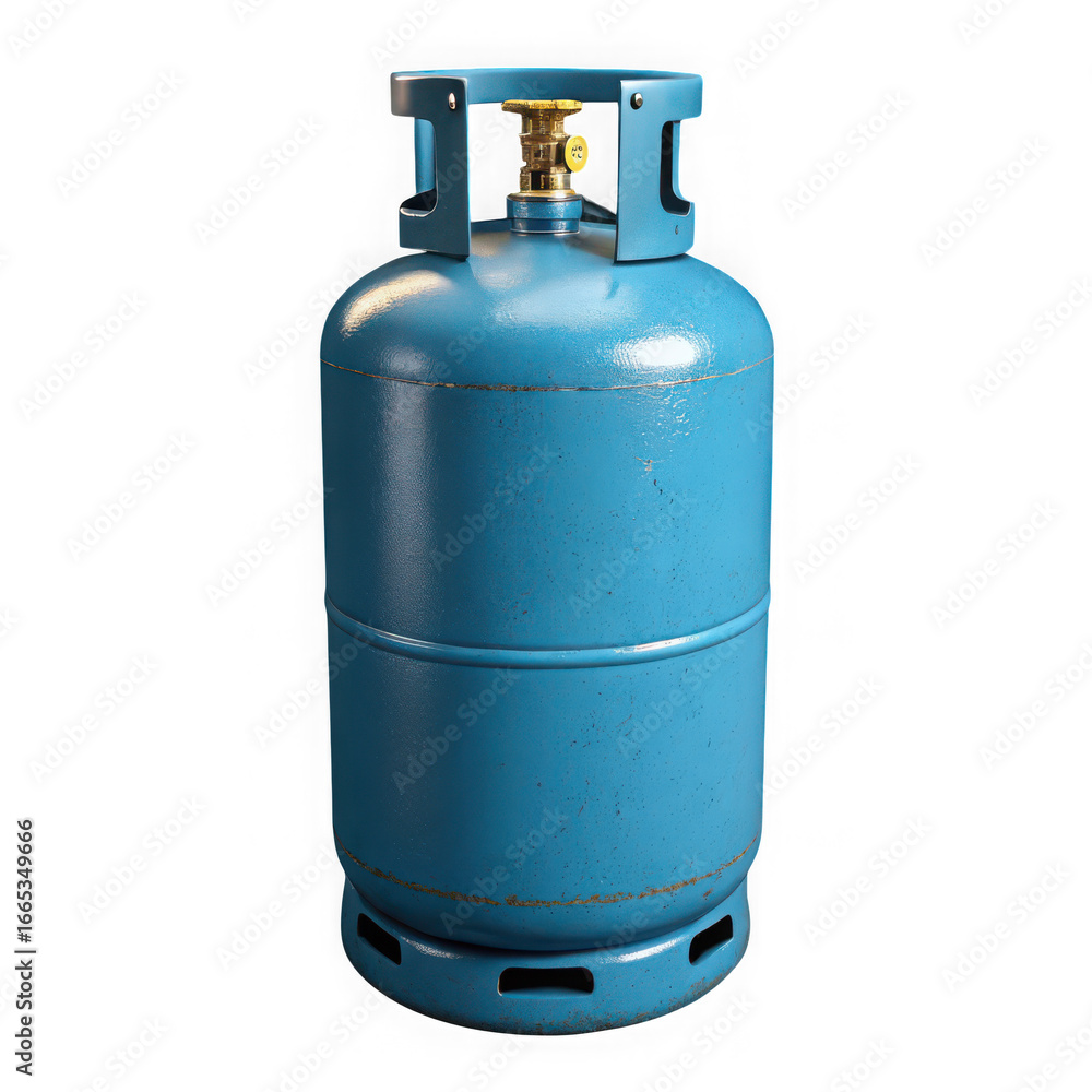 Standard sized bright blue propane gas cylinder with valve and handle ...