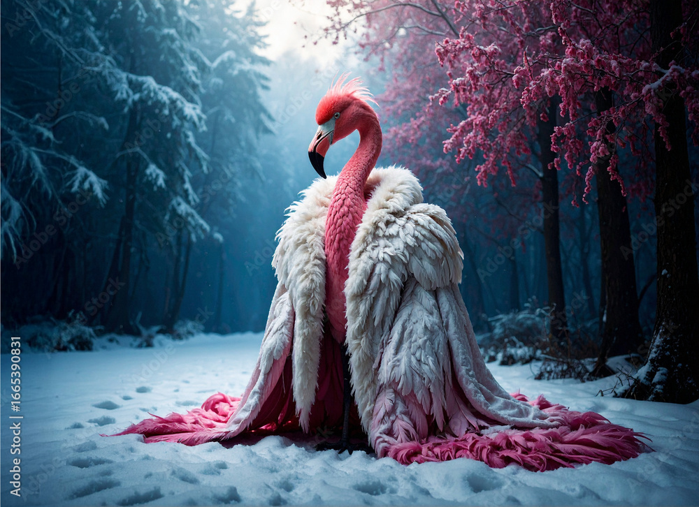 Flamingo dressed in a luxurious fur coat, frozen snowy forest in the ...