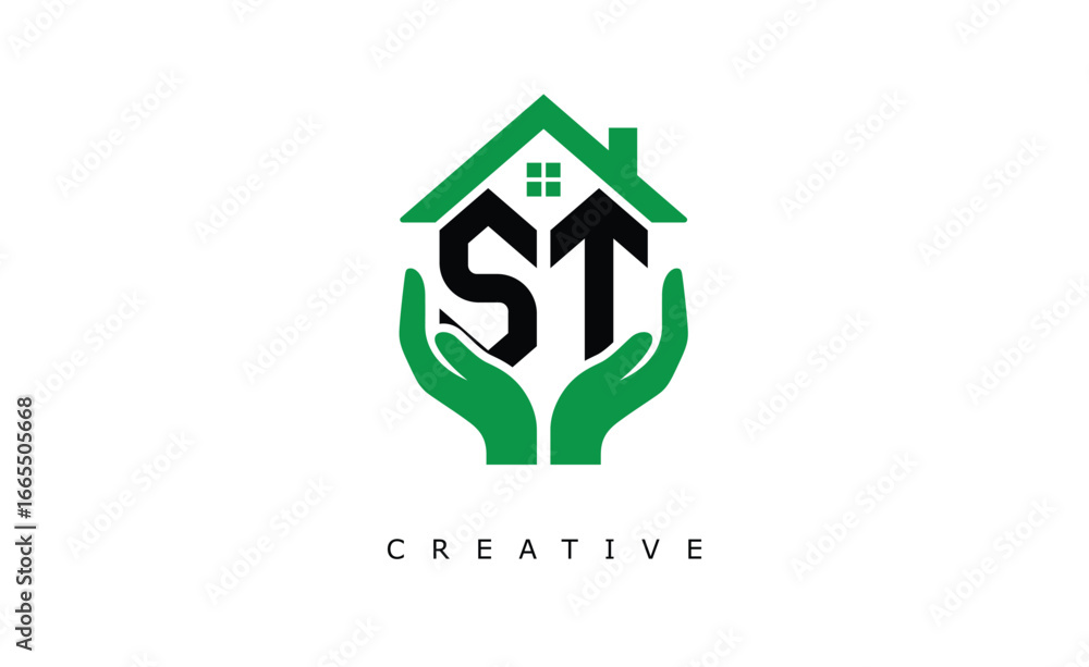 ST Home Care Logo - Green House and Hand Symbol for Real Estate, Eco ...