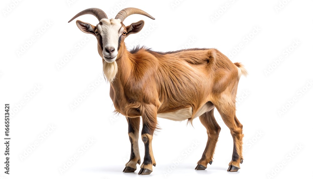 A light brown goat stands, facing forward, against a pure white ...