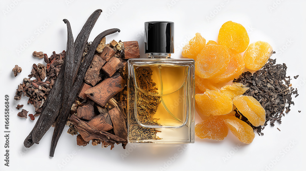 Perfume bottle surrounded by aromatic ingredients displaying the art of ...