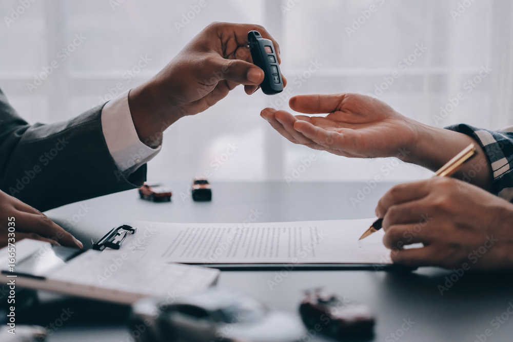 Car salesman gave the keys to the customers who signed the purchase ...