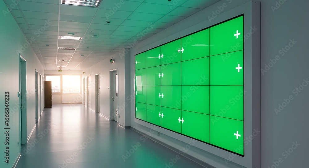 Modern Hospital Corridor with Large Green Screen Display for Digital ...