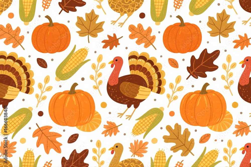 Thanksgiving seamless pattern with turkey and harvest elements. Stock ...