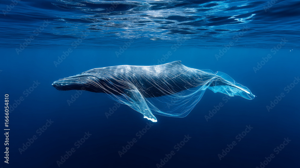 Foto Whale caught in nets. Dirty ocean shore. Ecological problem ...