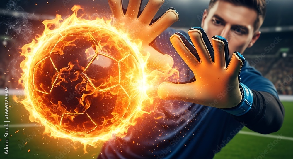 Fiery Soccer Ball Blocked by Goalkeeper: Dynamic Sports Action Stock ...