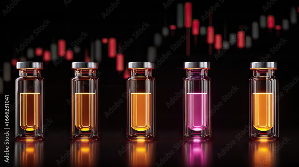 Colorful Laboratory Vials in a Row with Stock Market Graph Background ...
