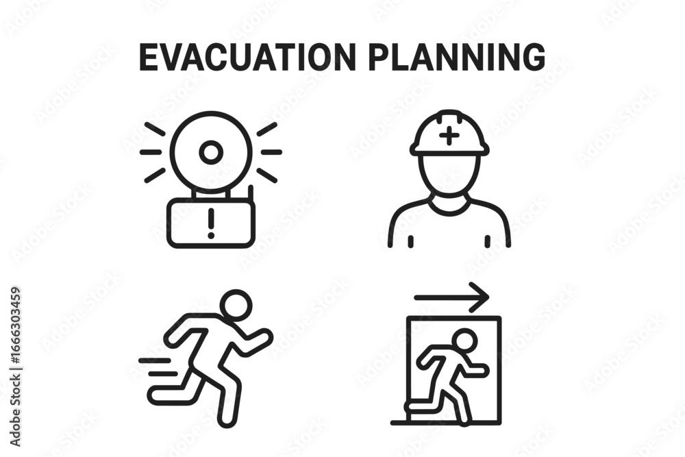 Evacuation planning outline icons. Emergency safety exit strategy ...