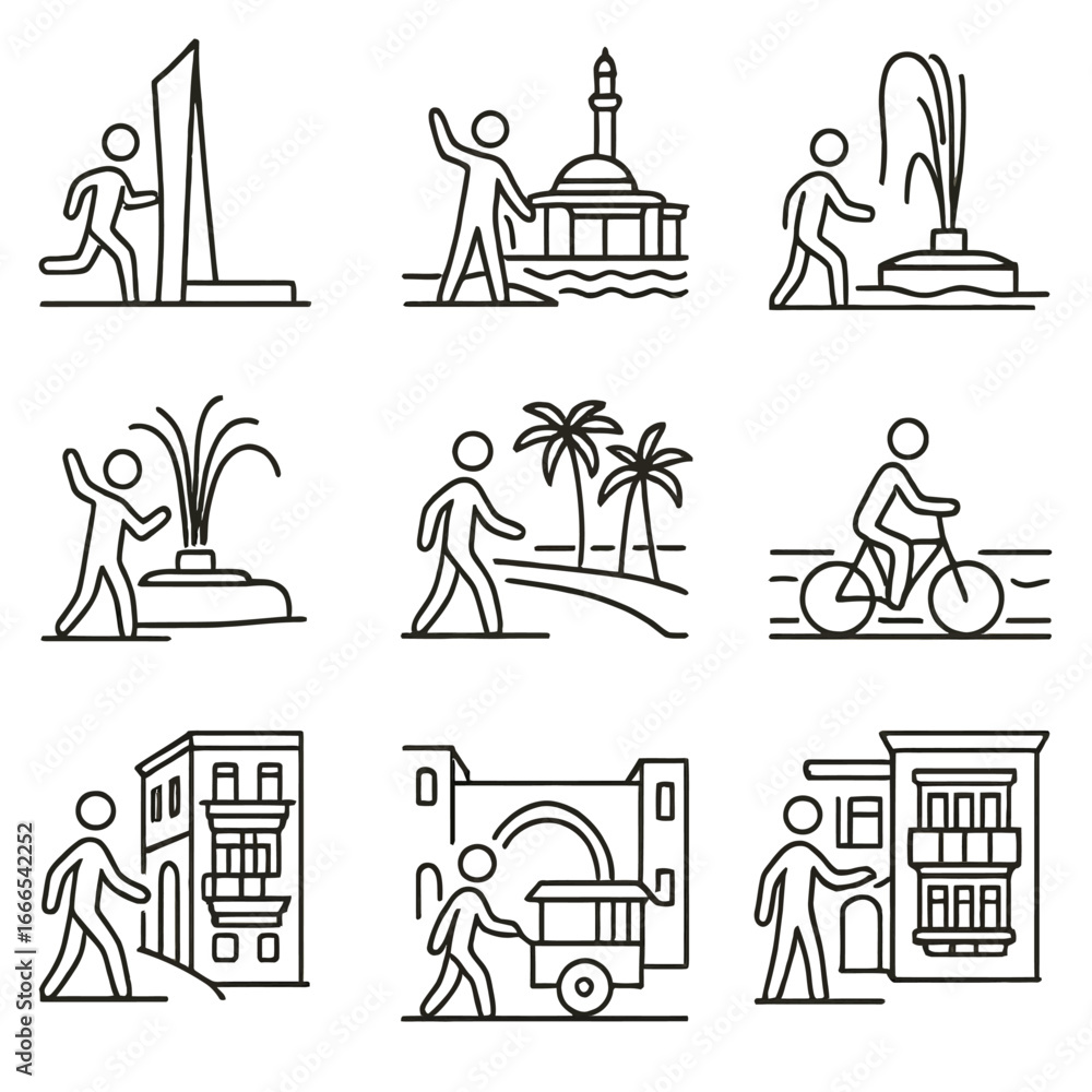 Jeddah Saudi Arabia Tourist Attractions Linear Icons Set Stock Vector ...