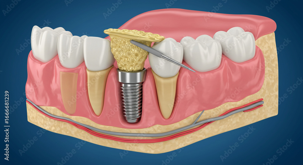 Dental Implant Procedure – Cross-Sectional View with Bone Graft and ...