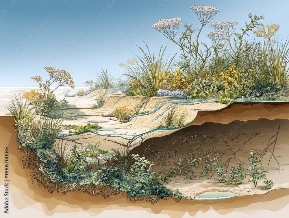 Erosion Illustration Desert plants root system showing a water table ...