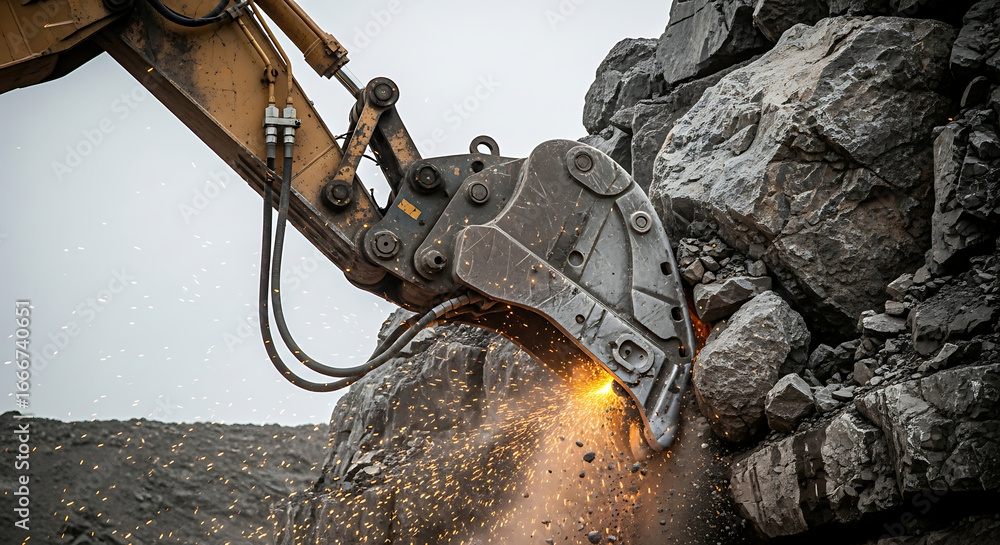 Heavy machinery crushing rock with sparks flying, construction, mining ...