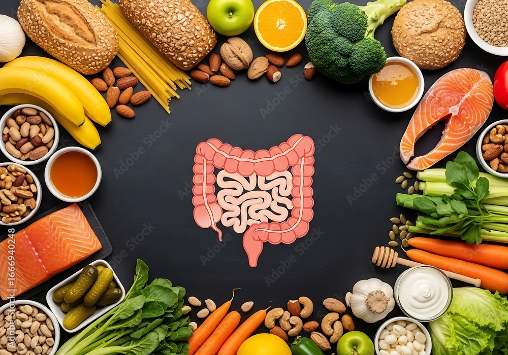 Healthy foods arranged around a diagram of the human intestines Stock ...