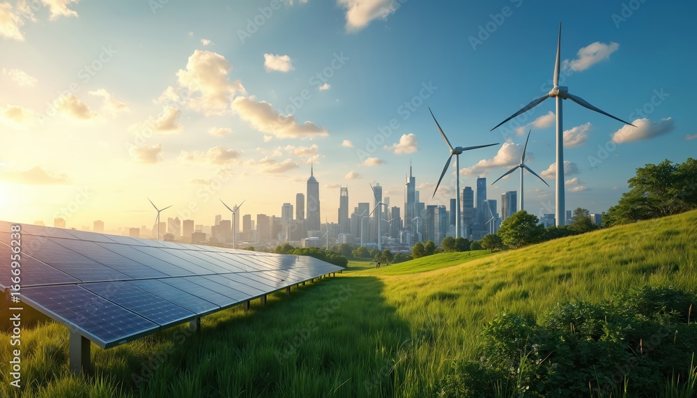 Renewable energy sources, solar panels, wind turbines, power city ...