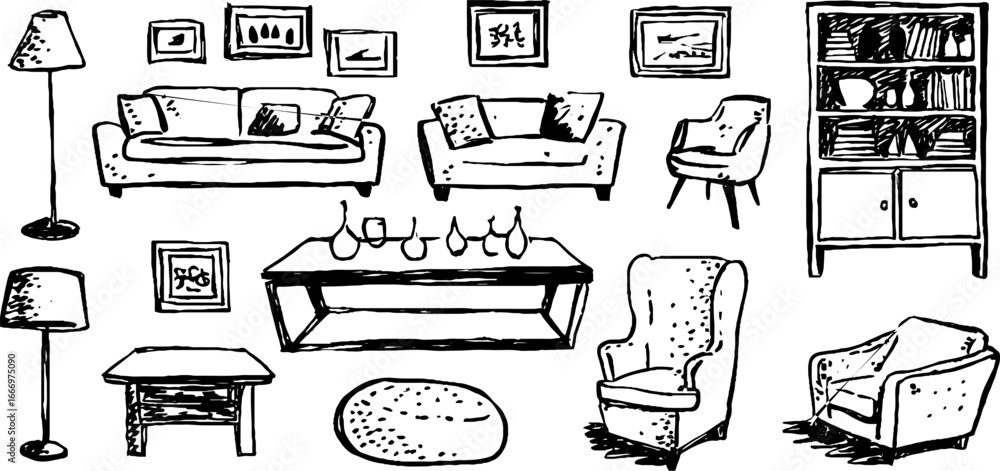Set of hand drawn decorative sofas and furniture with cushions for ...
