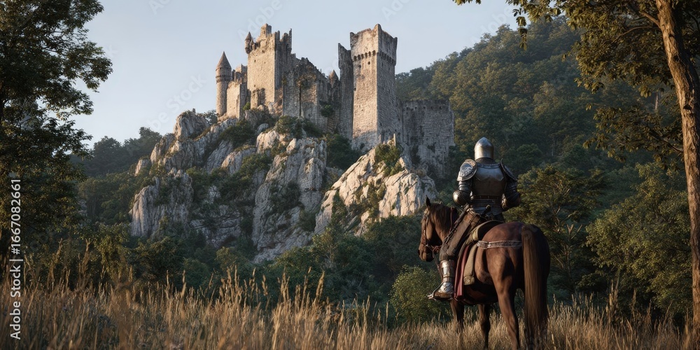 Medieval Knight on Horseback Facing Castle in Battle Scene Stock Photo ...