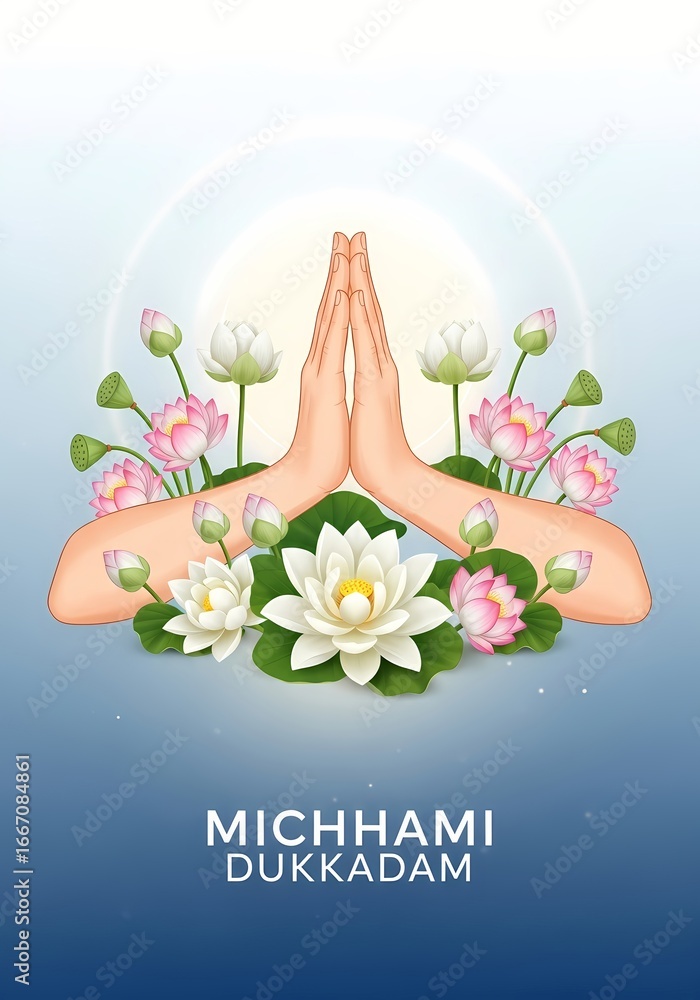 Michhami Dukkadam greeting with hand gesture and lotus flowers for ...