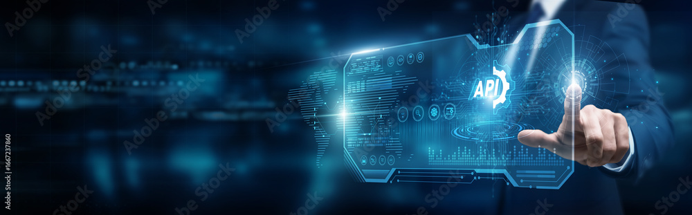 Software engineer touching interface and API integration connectivity ...