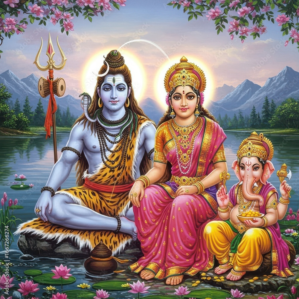 Divine Shiva Parivar on Mount Kailash: Lord Shiva, Goddess Parvati, and ...