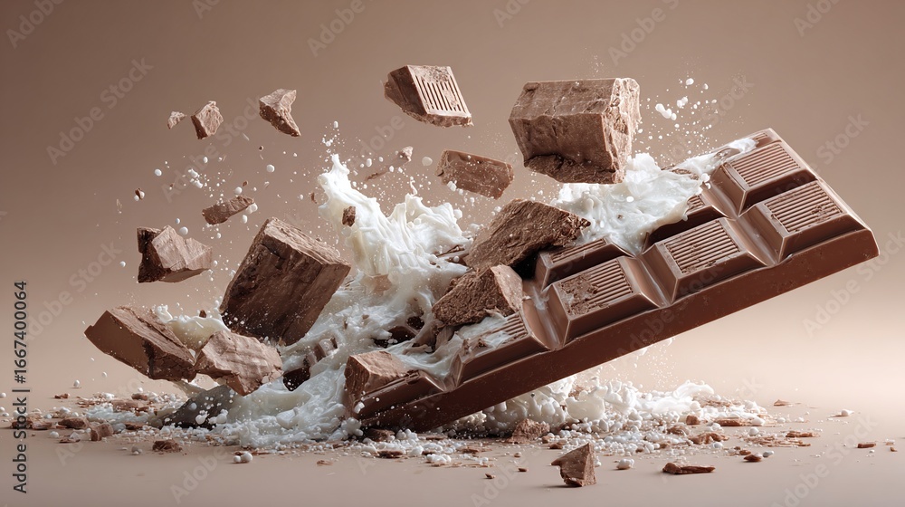 Milk-drenched chocolate bar explodes into pieces against a muted brown ...