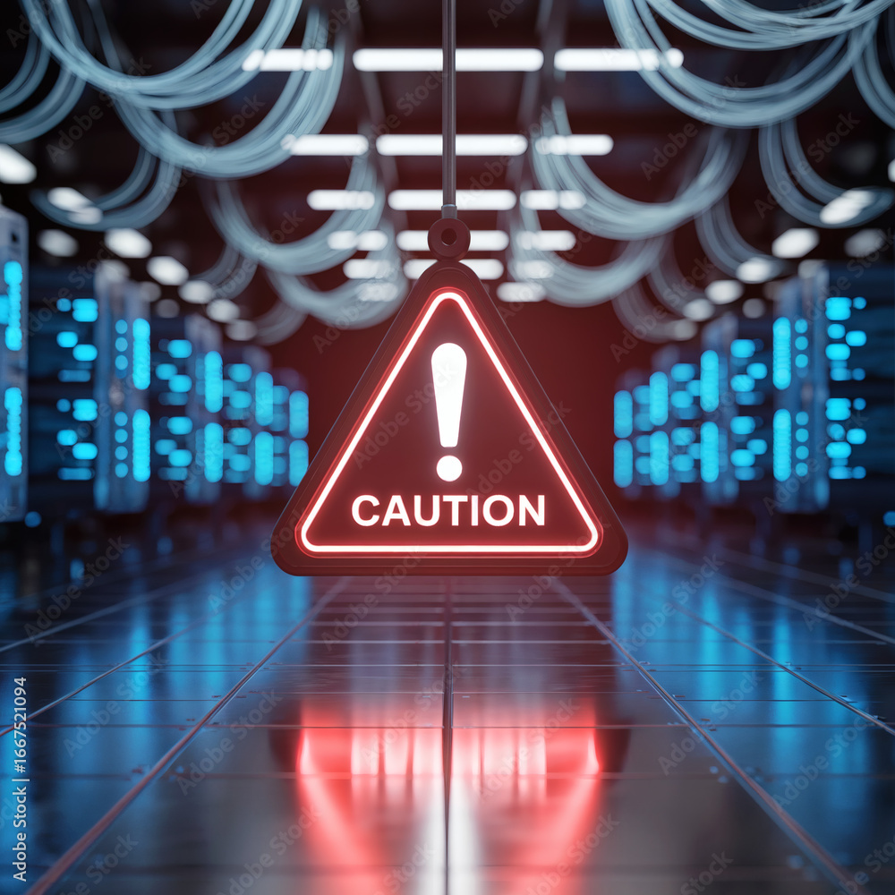 Glowing caution sign warns of potential dangers in a modern data center ...