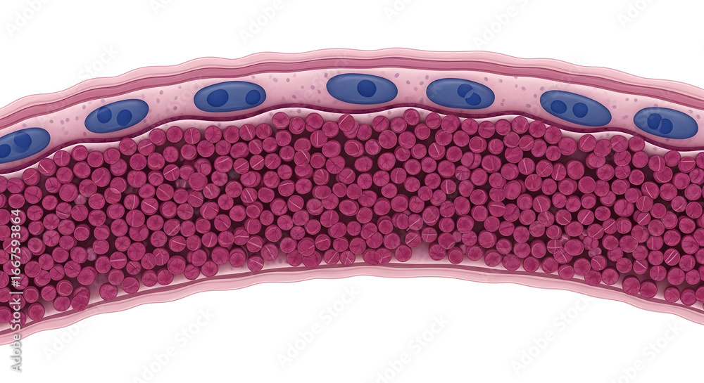 Medical illustration of a blood vessel cross-section showing red blood ...