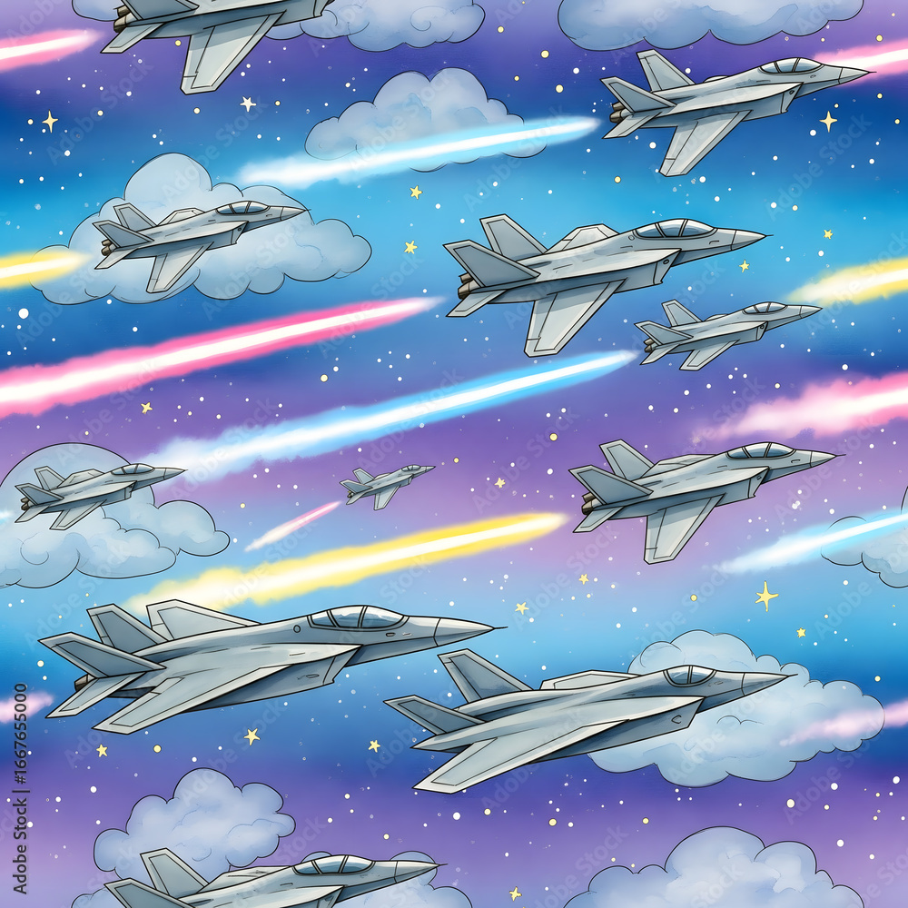 seamless pattern cartoon fighting jets with colorful night Stock ...