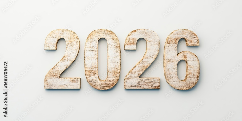 Wooden whitewashed 3D numbers 2026 on white background. Design of 2026 ...