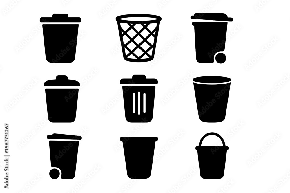 Image vectorielle Stock Bin silhouette icon set. Trash can, garbage ...