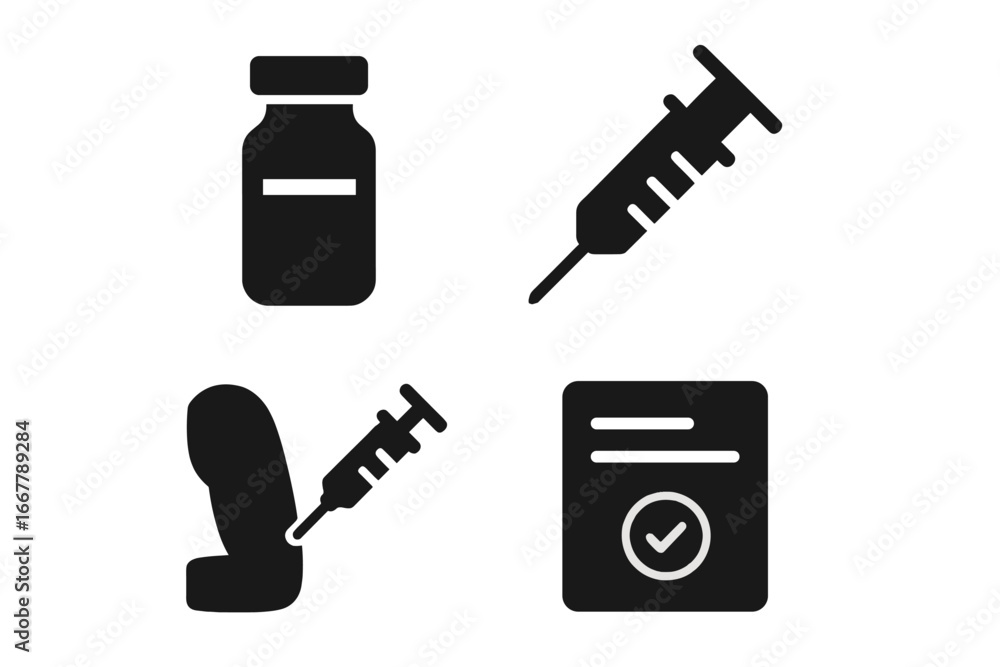 Vaccination Icons Grid, Solid Filled Set of Vaccine Vial, Syringe ...