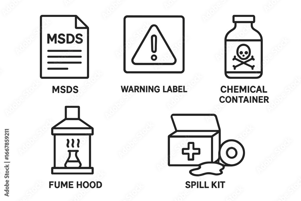 Chemical safety outline icons. MSDS data sheet, hazard warning label ...