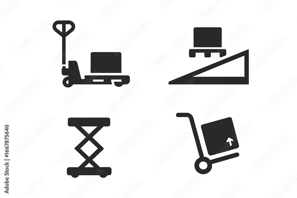Material handling solid glyph icons set. Warehouse logistics equipment ...