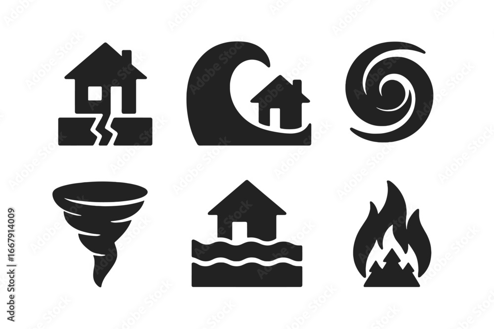Natural disaster solid icon set. Catastrophe and emergency pictograms ...