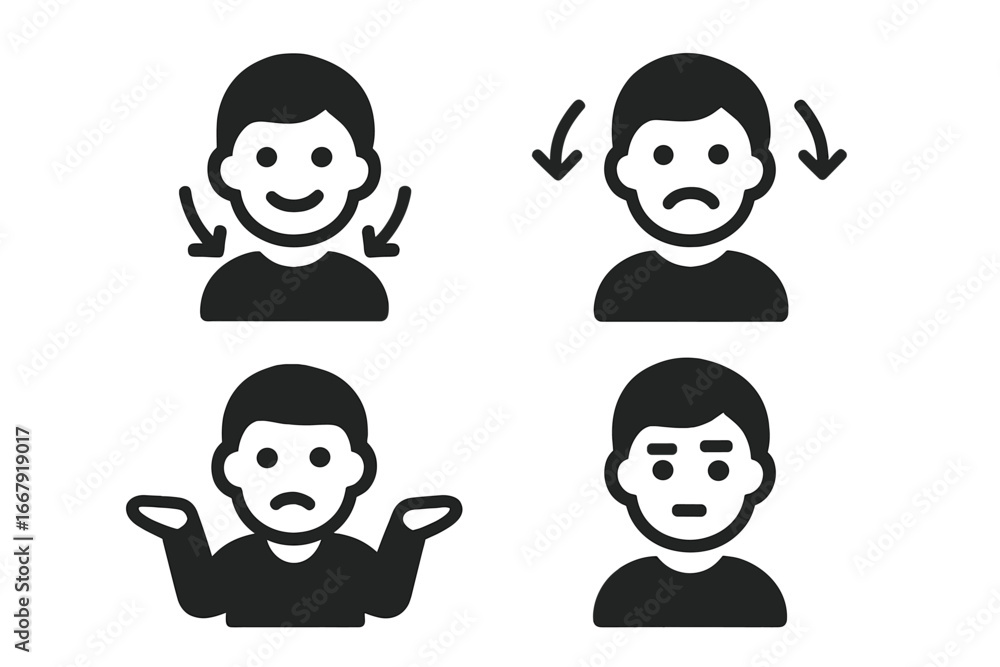 Nonverbal communication icon set. Body language gestures, nodding for ...