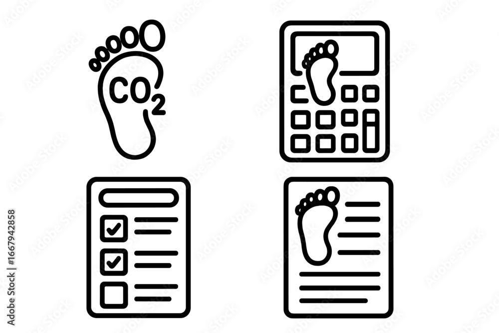 Carbon footprint icon set. CO2 emissions calculation. Ecological impact ...
