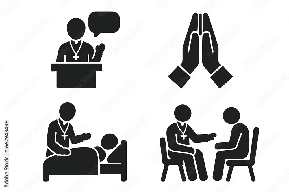 Clergy role and duties icon set. Priest, pastor vector glyph icons ...