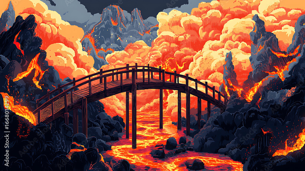 Epic fantasy concept of a perilous journey across a bridge over a ...