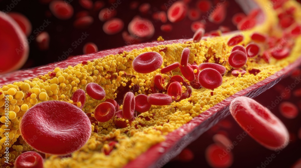 3D rendering of red blood cells and yellow cholesterol buildup inside a ...