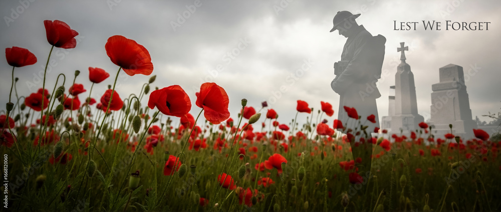 Lest We Forget banner with soldier and Memorial. Double exposure over a ...