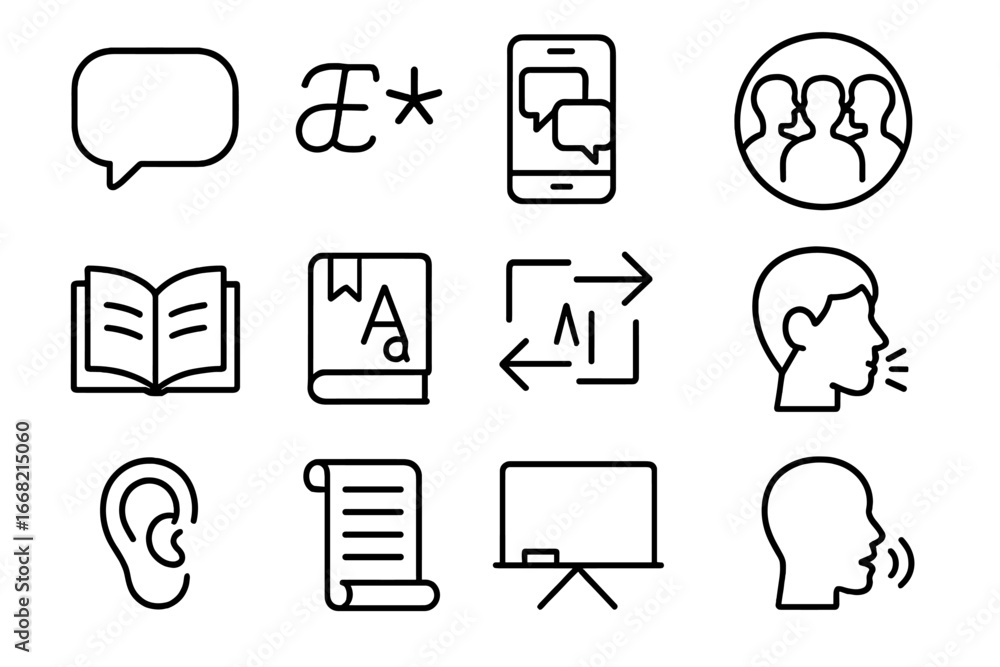 Native Language Icon Set. Outline icon set of native languages: speech ...