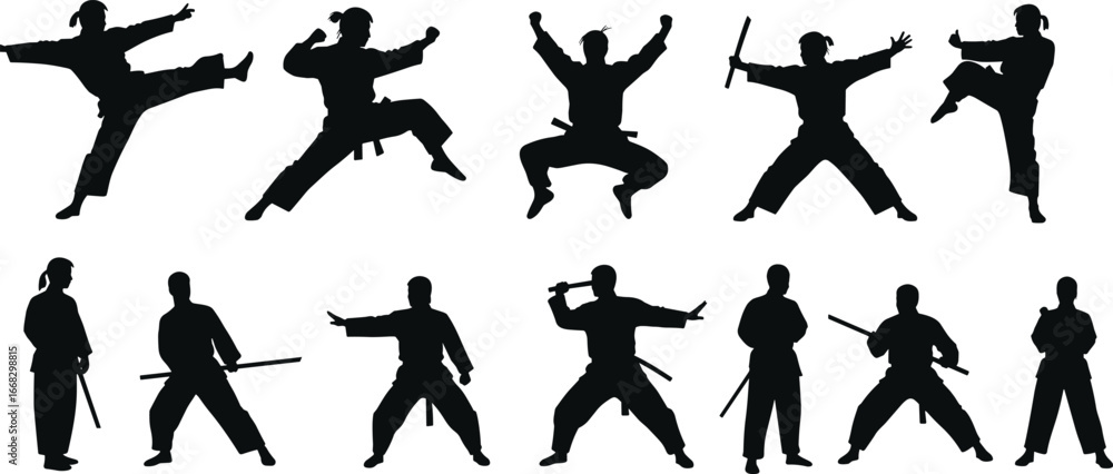 Martial arts silhouettes of karate, kung fu, taekwondo poses with ...