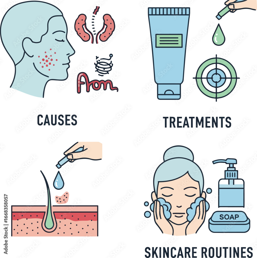 Isolated a Acne causes, treatments and skincare routines shown in a ...