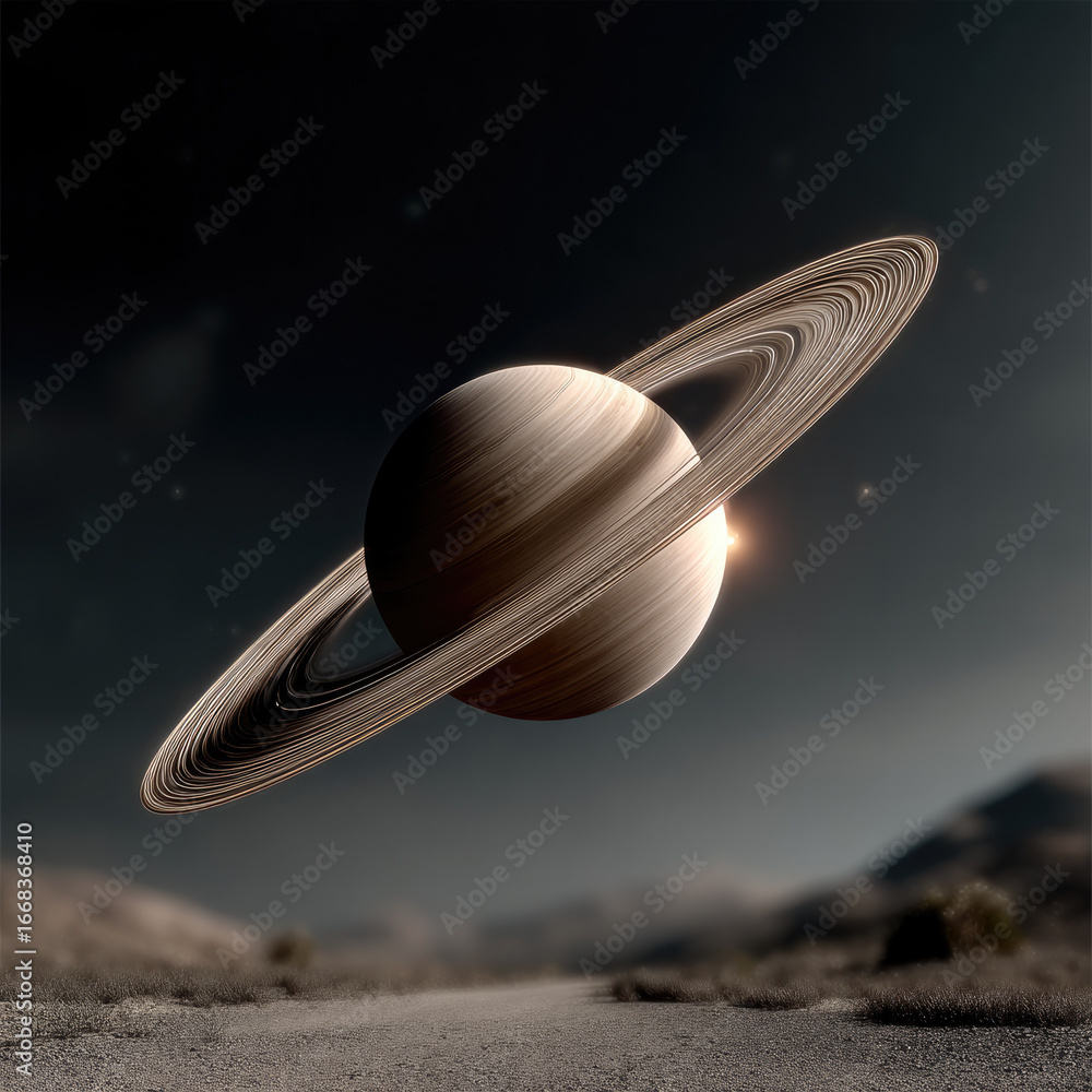 Surreal Saturn planet with detailed rings floating above desert road ...
