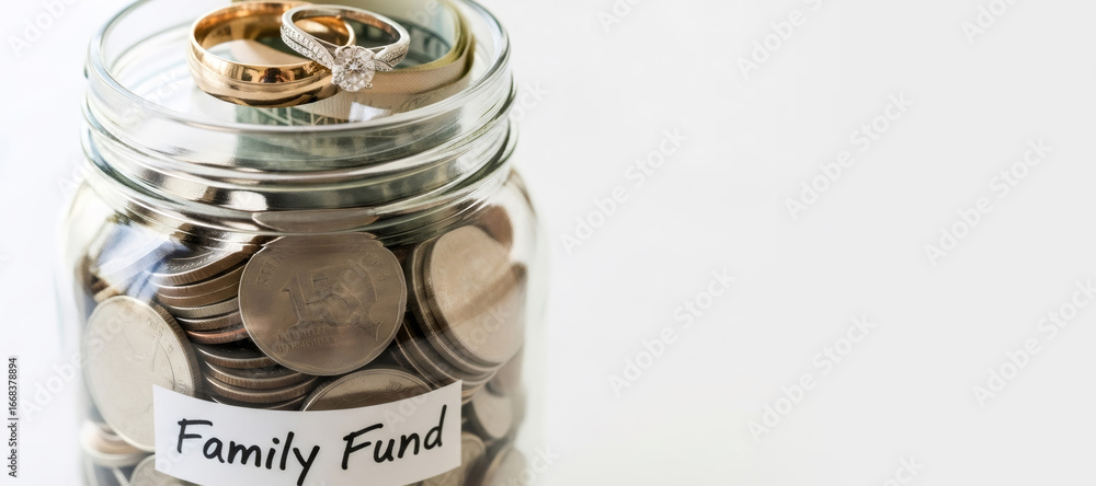 Foto de Stock Family fund jar with coins and wedding rings for ...